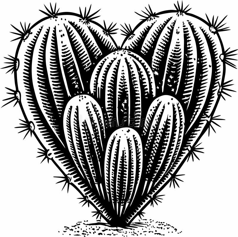 Heart-shaped Cactus with Spines. Black Illustration, Etching, Vintage ...