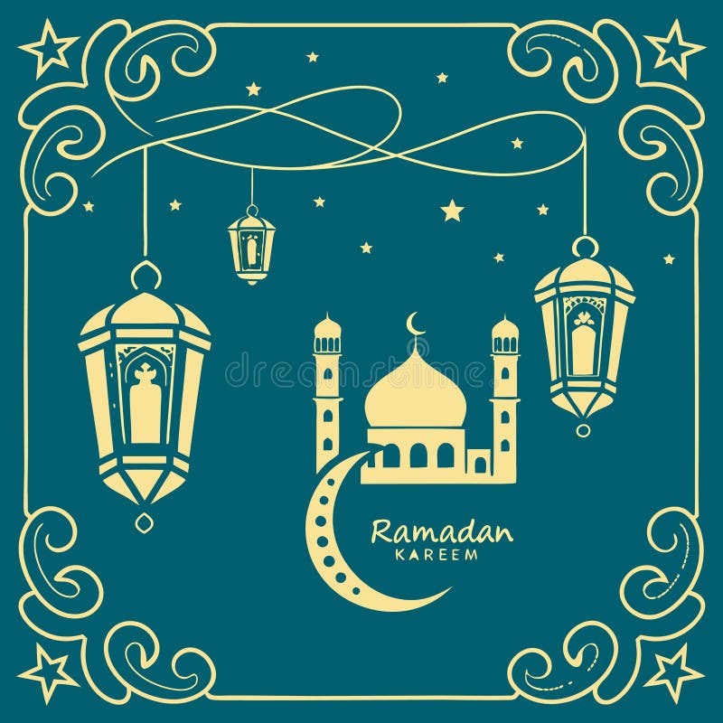 Ramadan Kareem Greeting Card with Lanterns and Mosque Clip Art Stock ...