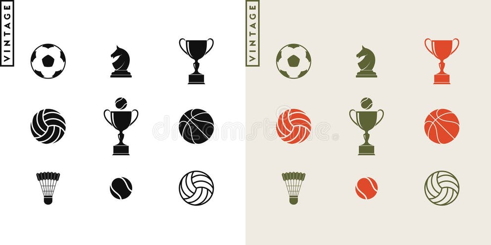 Sport Icon Set. Vintage Style Vector. Volleyball Basketball Football ...