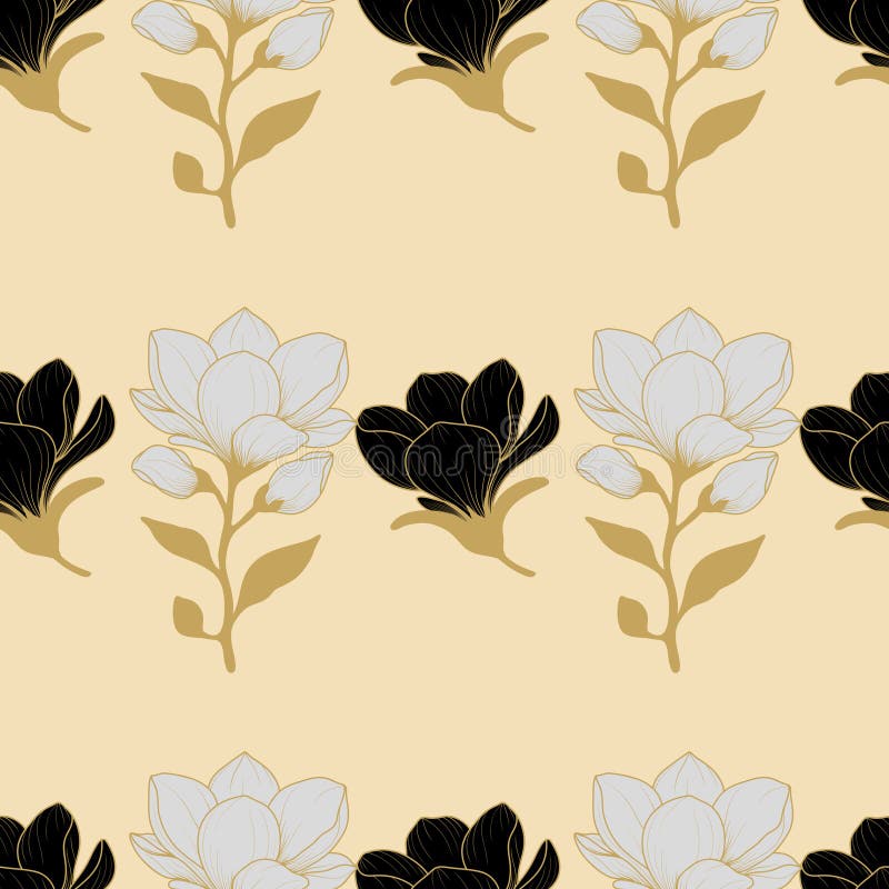 Vector Seamless Pattern with Flowers. Gold Magnolia. Hand Drawn Floral ...