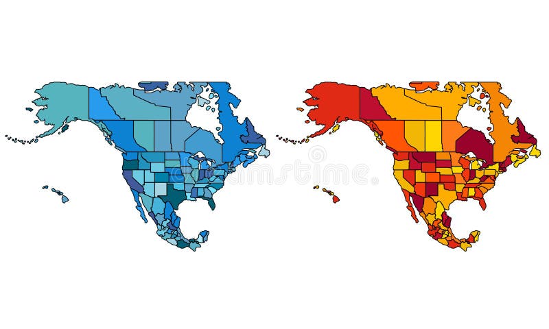 Isolated Blue and Red Tones Map of North America with Detailed Regions ...