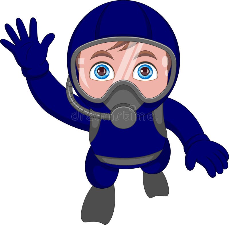 Cartoon cute diver waving stock vector. Illustration of boat - 359685300