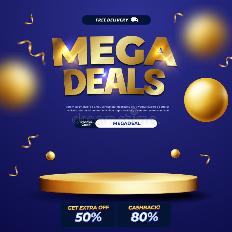 Mega Deals Advertisement with Gold Elements on a Dark Blue Background ...