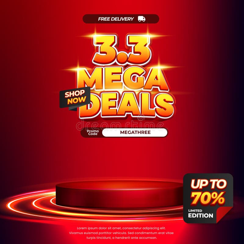 3.3 Mega Deals Promotional Banner with Shiny Gold Text and Discount ...