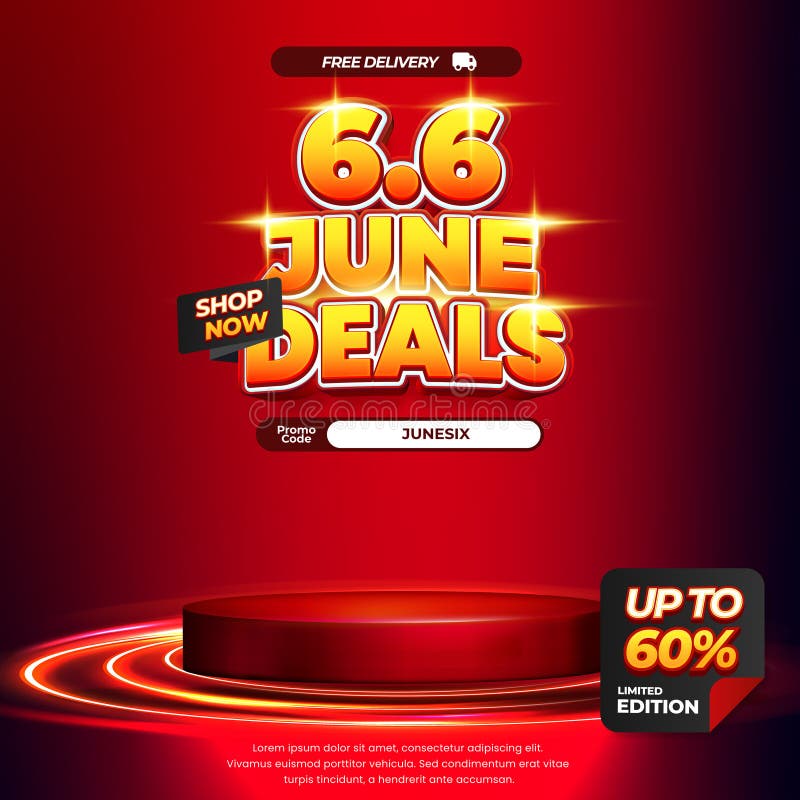 6.6 June Deals Promotion Banner with Shiny Gold Typography and Red Glow ...