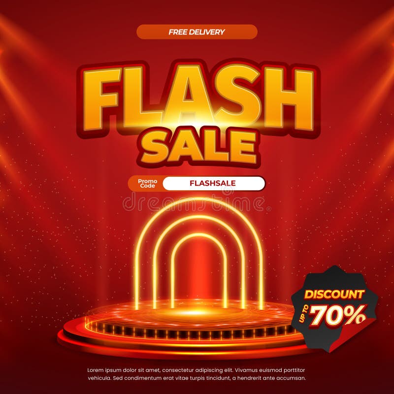 Flash Sale Promotional Banner with Glowing Red Stage and Neon Light ...