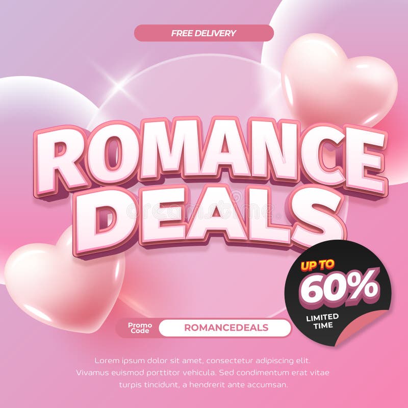 Romance Deals Promotional Banner with Floating 3D Hearts and Soft Pink ...