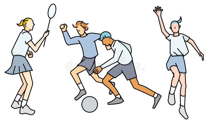 Vector Illustration of Simple Line Drawing of People Playing Sports ...