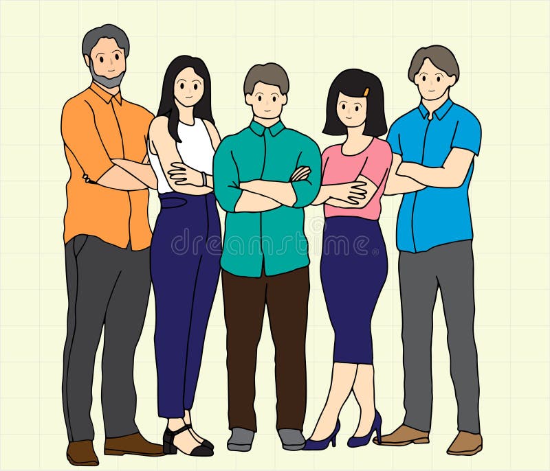 5 People Standing Pose As Teamwork. Stock Vector - Illustration of ...