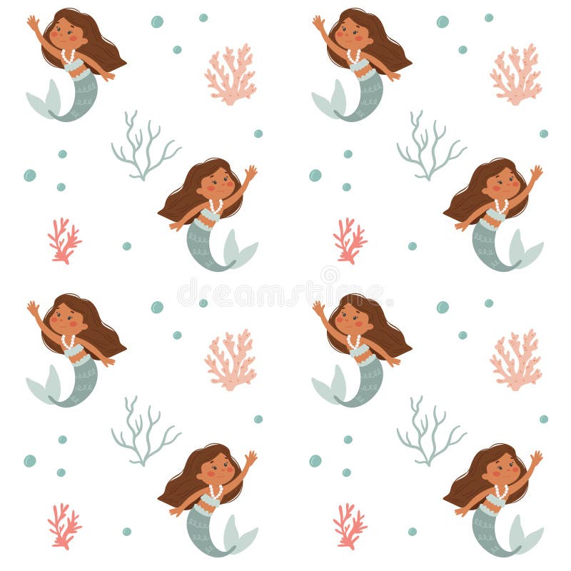 Seamless Pattern with Cute Cartoon Mermaids. Vector Stock Illustration ...