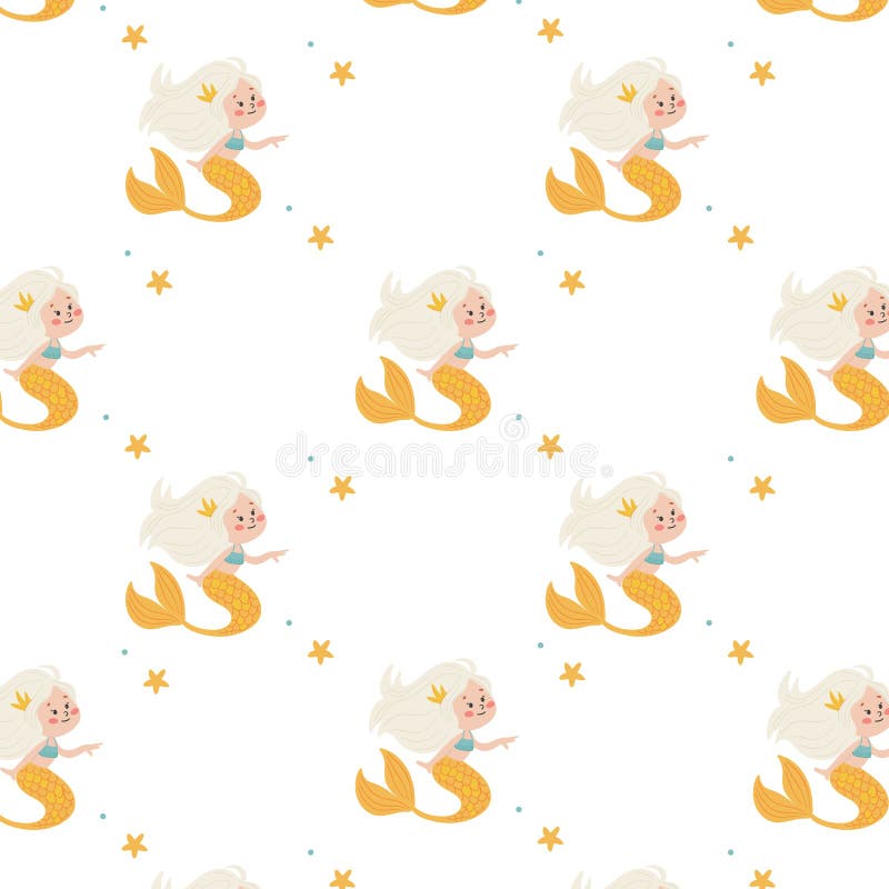 Seamless Pattern with Cute Cartoon Mermaids and Sea Shells. Vector ...