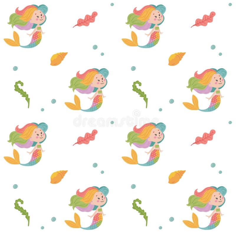 Seamless Pattern with Cute Cartoon Mermaids and Sea Shells. Vector for ...