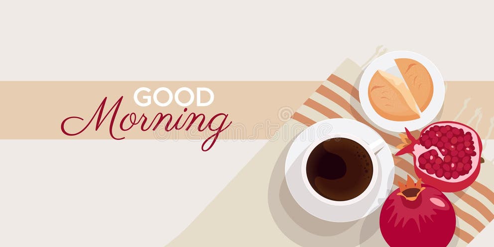 Good Morning Banner with Coffee, Bun and Pomegranates on a Striped ...