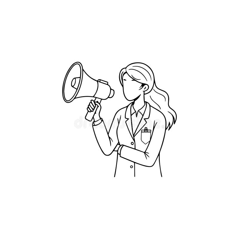 Business Woman Speaking through a Megaphone. Outline Vector ...
