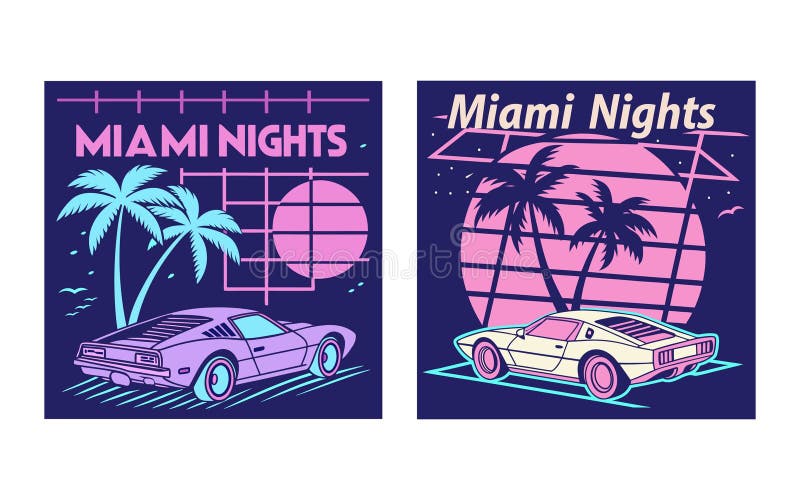 Miami Nights Graphic Design Featuring Retro Cars and Palm Trees Stock ...