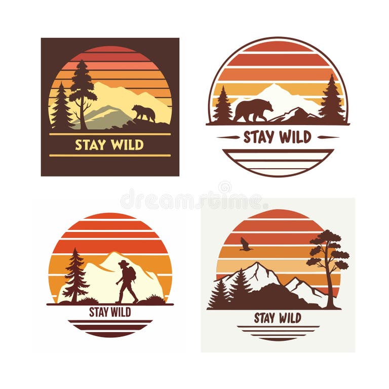 Four Vintage-Inspired "Stay Wild" Outdoor Adventure Logos Stock Vector ...