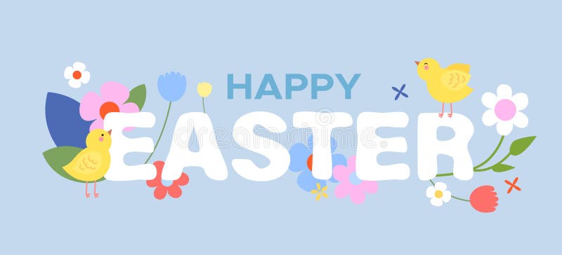 Happy Easter Spring Banner with Chicks and Flowers on a Blue Background ...