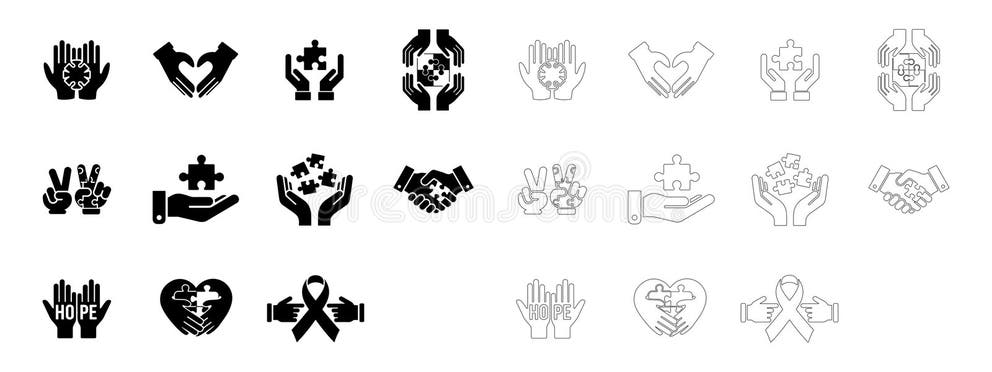 Hand and Heart Symbol Icons Set for Autism Awareness Day. Stock Vector ...