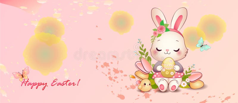 Adorable Bunny with Easter Egg among Butterflies and Flowers. Greeting ...