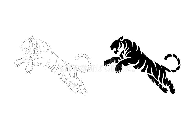 Silhouettes of a Leaping Tiger. Fully Editable Flat and Outline Stock ...