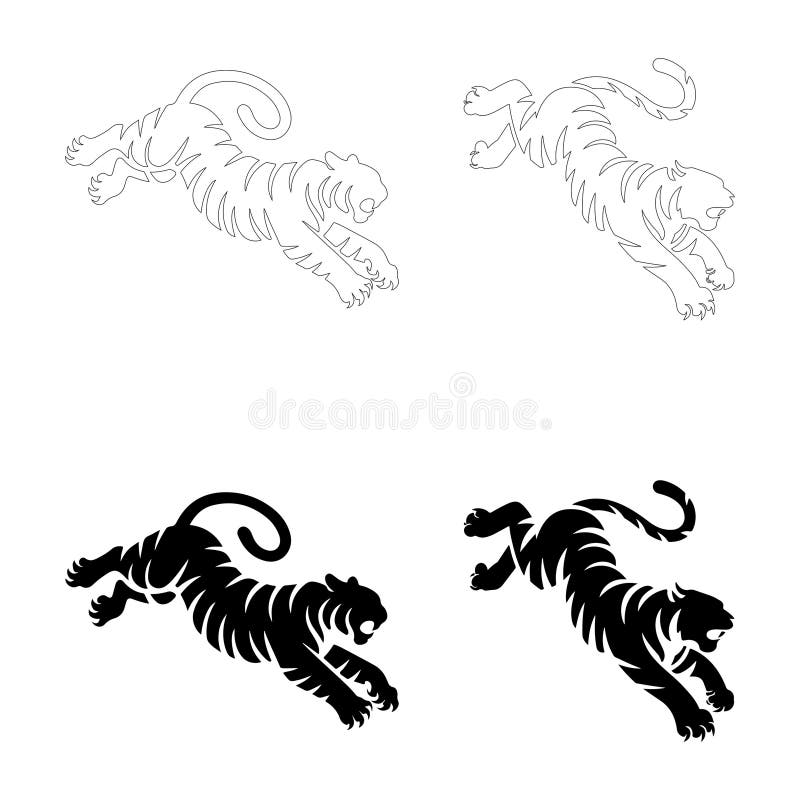 Silhouettes of a Leaping Tiger. Fully Editable Flat and Outline Stock ...