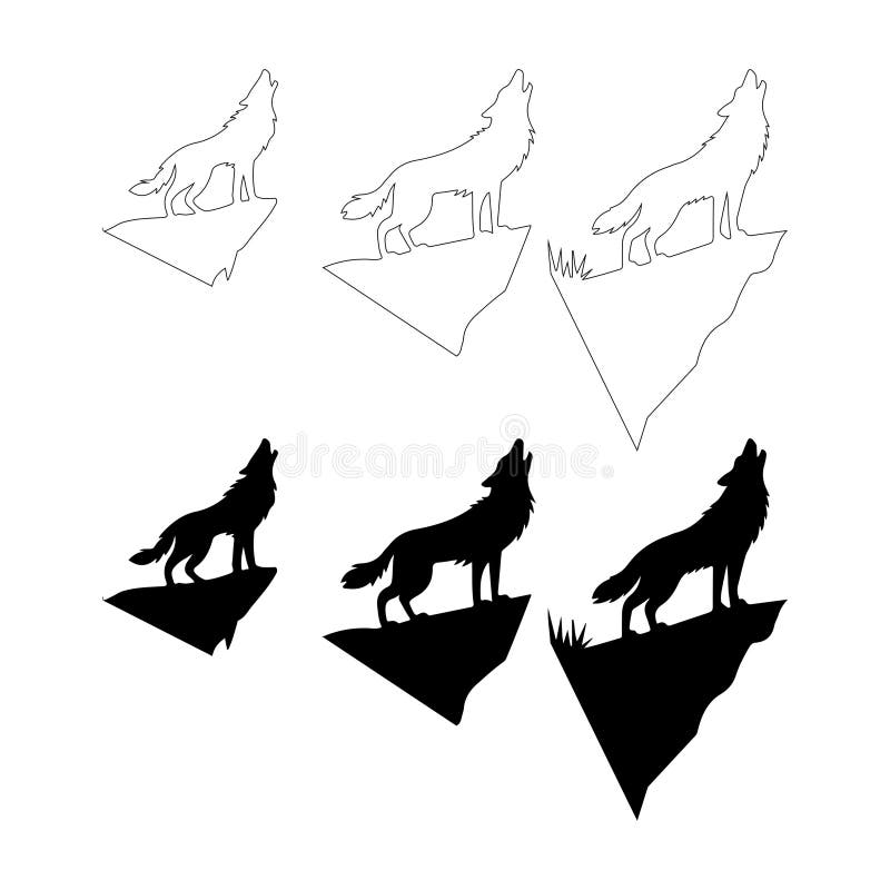 Howling Wolf on Cliff Silhouettes. Fully Editable Flat and Outline ...