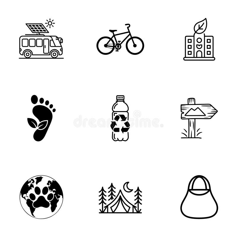 Sustainable Travel and Eco-Tourism Icons Set. Eco-Friendly Lifestyle ...