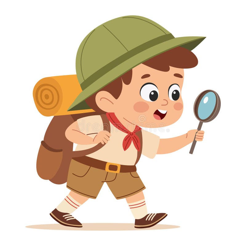 Boy Scout with a Magnifying Glass and a Backpack. Khaki Uniform Stock ...