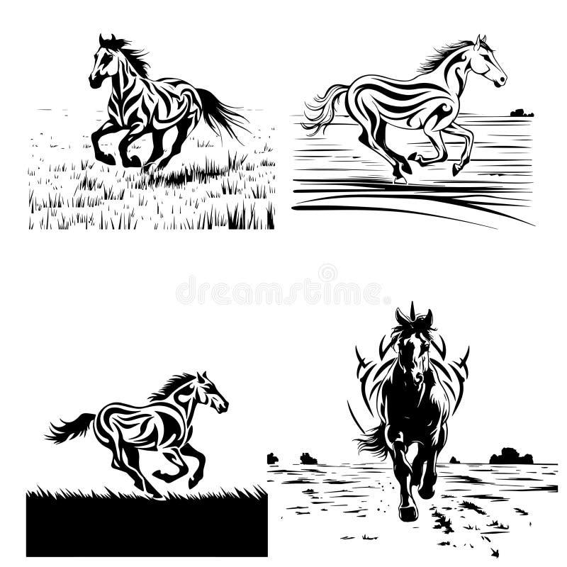 Silhouettes of Wild Horses and Mustangs Running Across the Field Stock ...