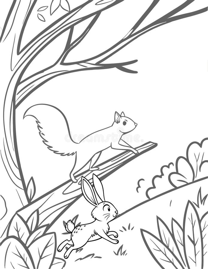 Cute Bunny and Squirrel Racing in Forest Vector Outline Stock Vector ...