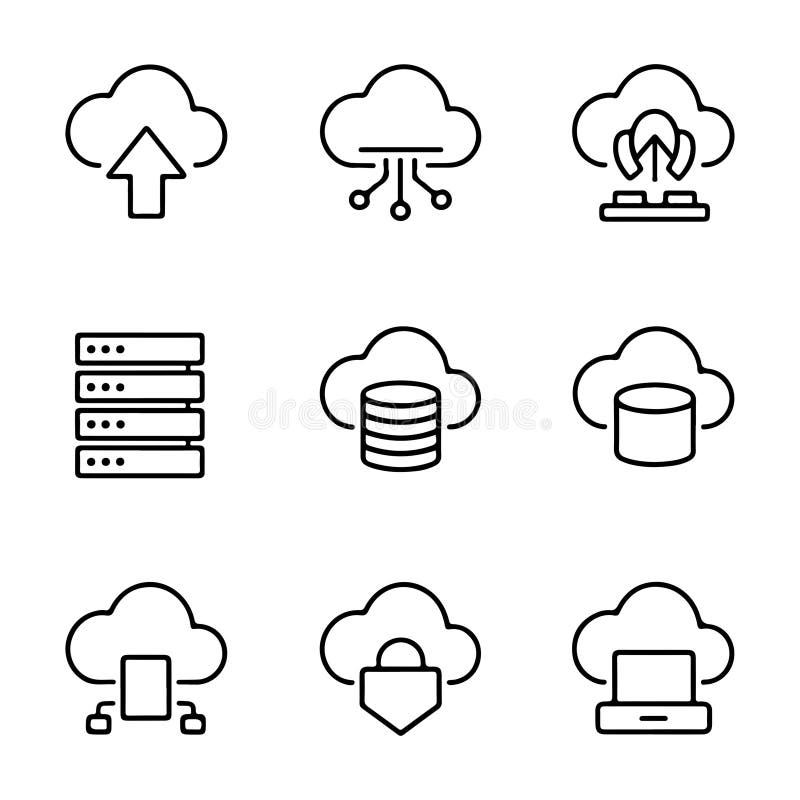 Cloud Computing and Web Hosting Icons. Simple Line Icons Depicting ...