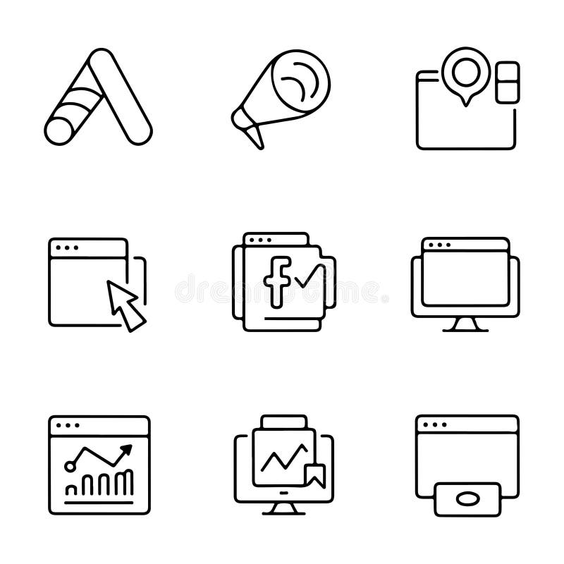 Advertising and PPC Icons. Simple Line Icons Representing Digital ...