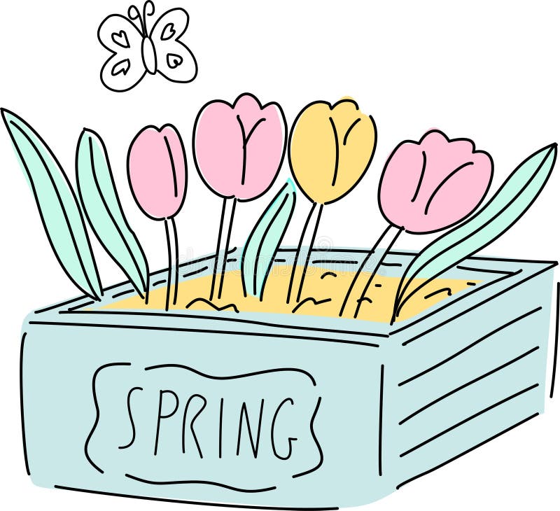 Hand Drawn Spring Tulips Basket Cartoon Stock Illustration ...