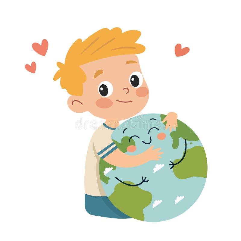 Cute Little Boy Holding Earth Planet. Vector Illustration in Cartoon ...
