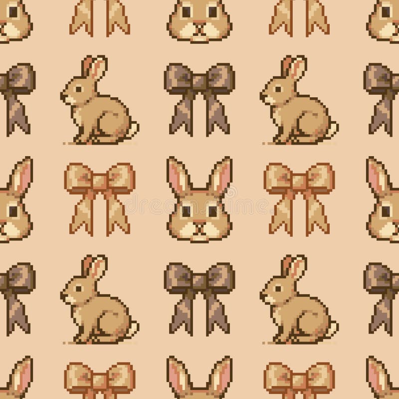 Seamless Pixel Art Pattern of Cute Bunnies and Bows in Sepia Tones ...