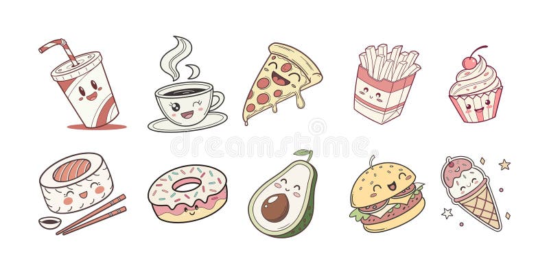 Cute Kawaii Style Cartoon Food Illustration Set Stock Vector ...