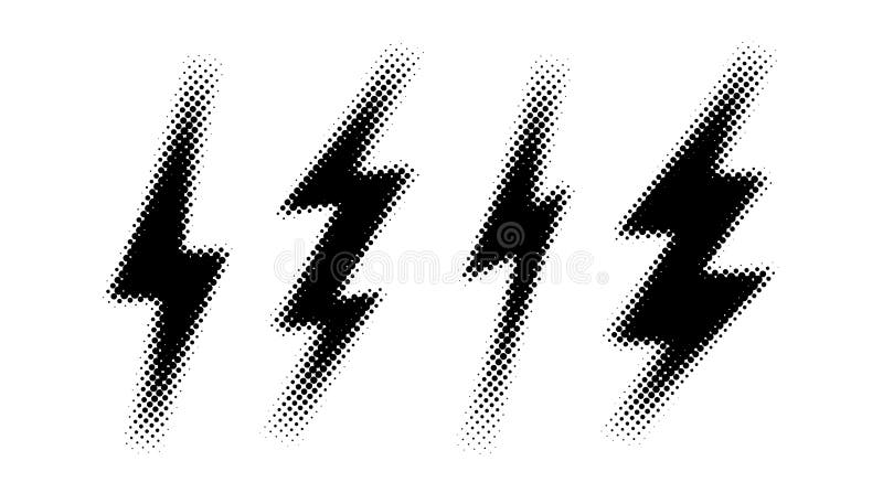 Halftone Grunge Lightning Bolts Set. Black Dotted Flash Thunderbolt ...