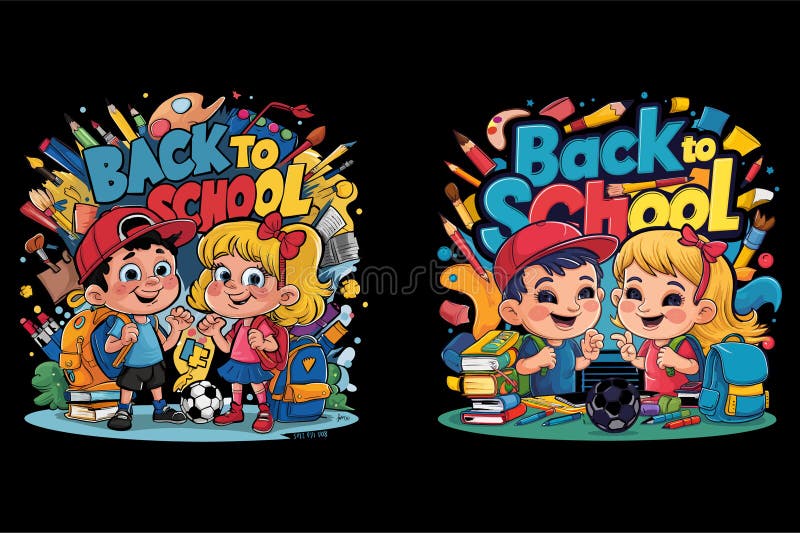 Back To School Bash – Cute Cartoon Kids & School Supplies Tee Stock ...