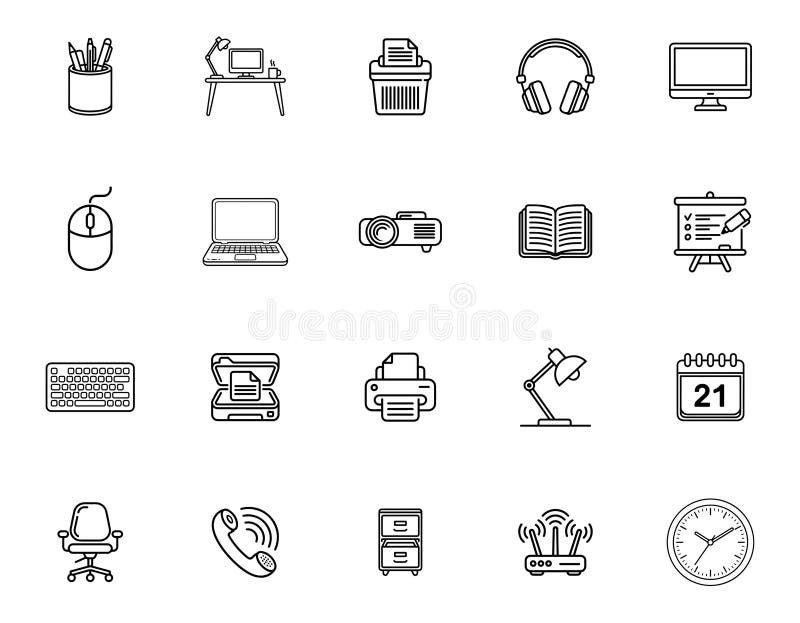 20 Office Equipment and Tools Icons Set. Stock Illustration ...