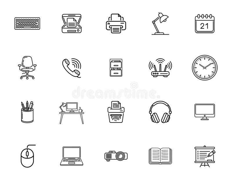 20 Office Equipment and Tools Icons Set. Stock Illustration ...