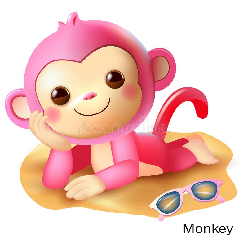 Cute Pink Monkey on the Beach. Stock Vector - Illustration of nose, clothing: 377160034