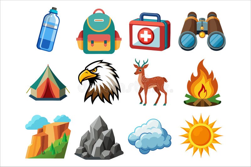 Outdoor Adventure Icons Set - Camping Gear, Wildlife, and Nature Scenes ...