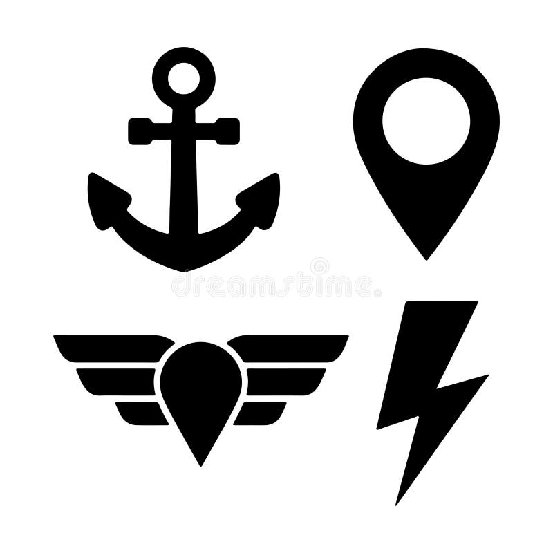 Vector Silhouette Icon Set of Anchor, Map Pin, Lightning Bolt, and Wing ...