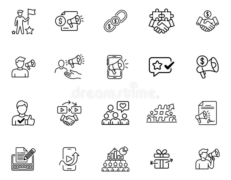 20 Influencer Marketing Icons Set. Stock Vector - Illustration of ...