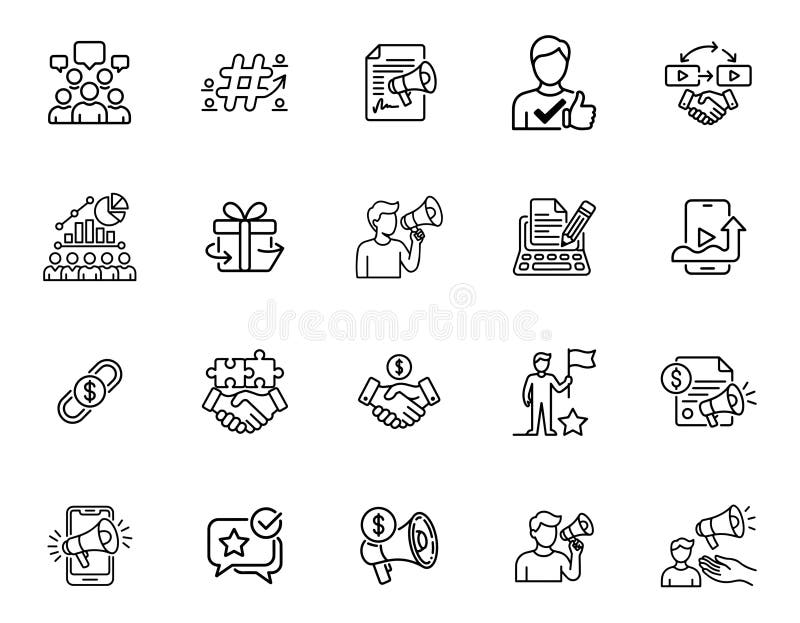 20 Influencer Marketing Icons Set. Stock Vector - Illustration of pack ...