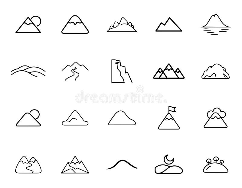 20 Mountains and Hills Icons Set. Stock Illustration - Illustration of ...