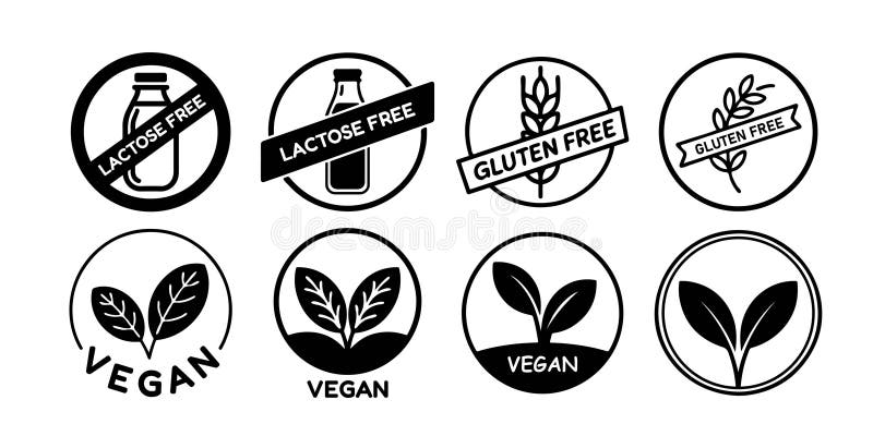 Lactose-Free, Gluten-Free, and Vegan Food Labels Stock Vector ...