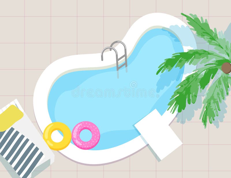 Swimming Pool with Swimming Circles, Sunbeds and Palm Trees Stock ...