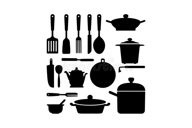 Kitchen Utensils Silhouette Clipart Set Cooking Tools Vector Collection ...
