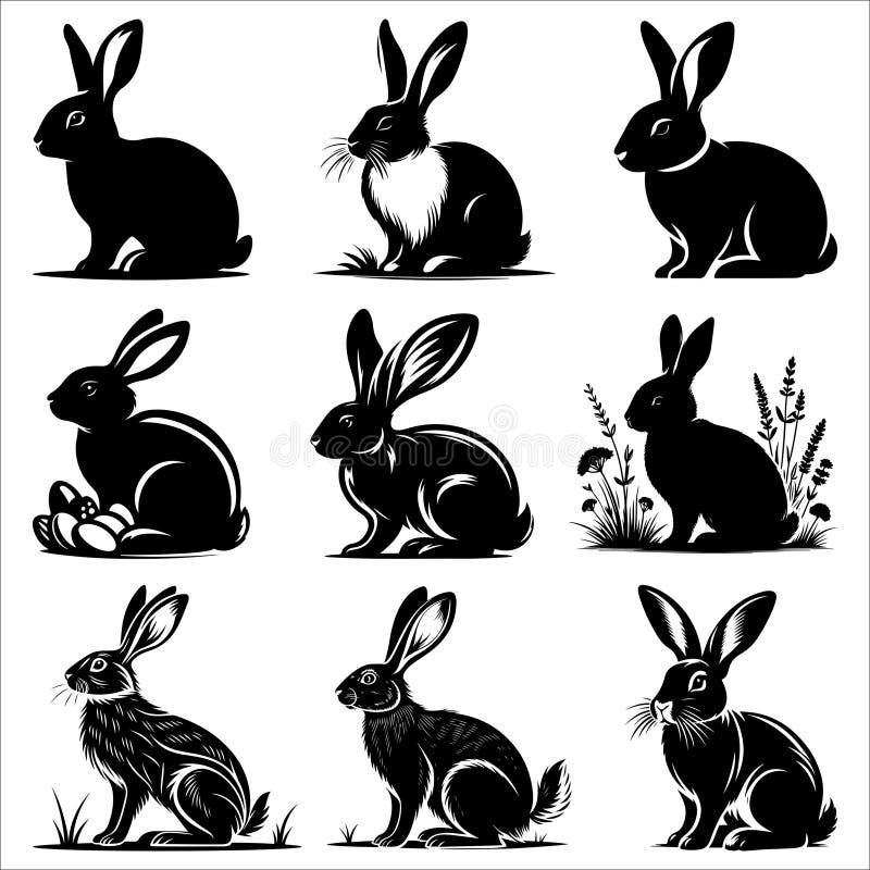 Rabbit Silhouette Vector Set Design Icon on White Background, Set of ...